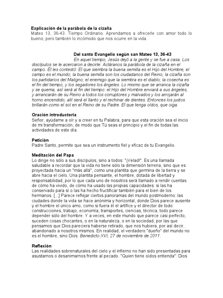 Reflexión sobre la Parábola de la Cizaña | PDF | Parábolas de Jesús ...
