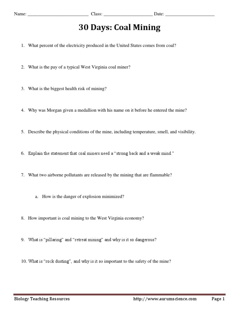 30 Days - Working in A Coal Mine Worksheet | PDF
