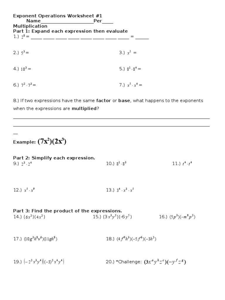 Exponent Operations Worksheets - 2 | PDF | Multiplication | Numbers