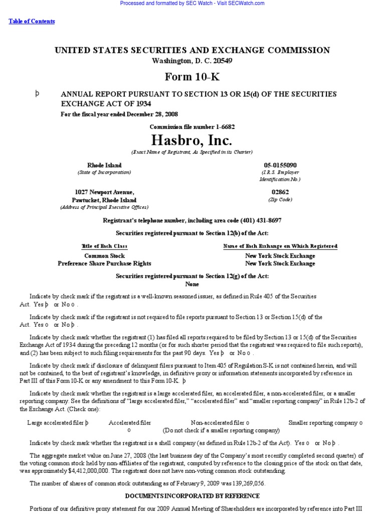 HASBRO INC 10-K (Annual Reports) 2009-02-25 | PDF | Form 10 K | Royalty ...