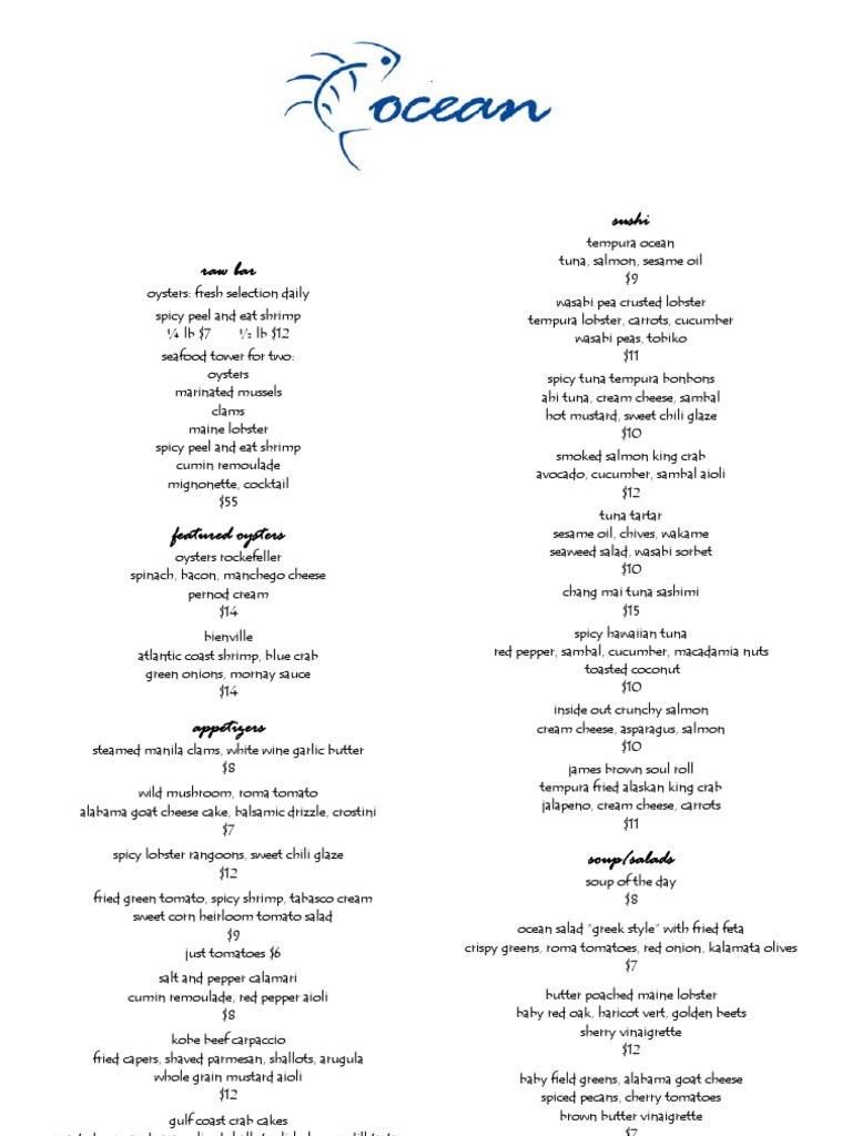 Ocean Dinner Menu | PDF | Salad | Sushi