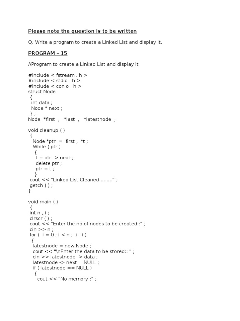 Create and Display Linked List Program | PDF