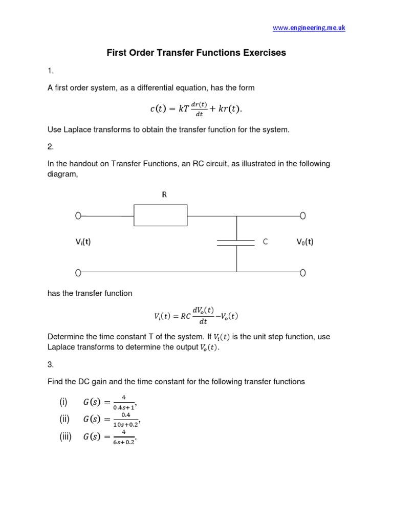 First Order Transfer Function Exercises | PDF
