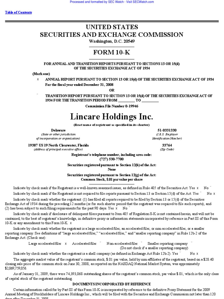 LINCARE HOLDINGS INC 10-K (Annual Reports) 2009-02-25 | PDF | Medicare ...