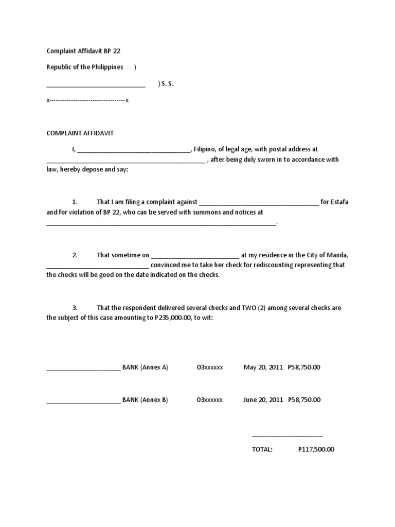 SAMPLE Complaint Affidavit BP 22 | PDF
