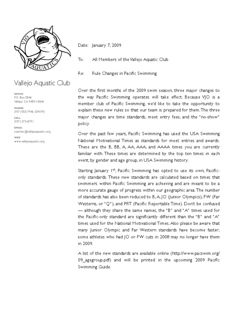 Pacific Swimming Changes Memo | PDF | Swimming (Sport) | Business