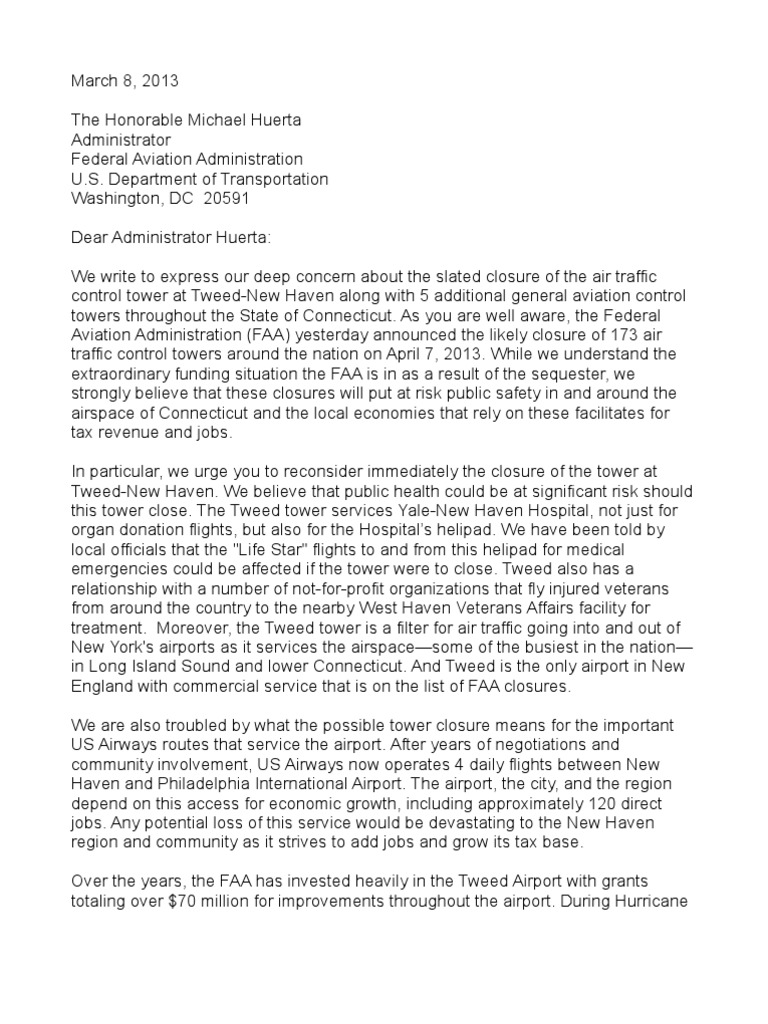 FAA Letter From Blumenthal Murphy DeLauro | PDF | Air Traffic Control ...