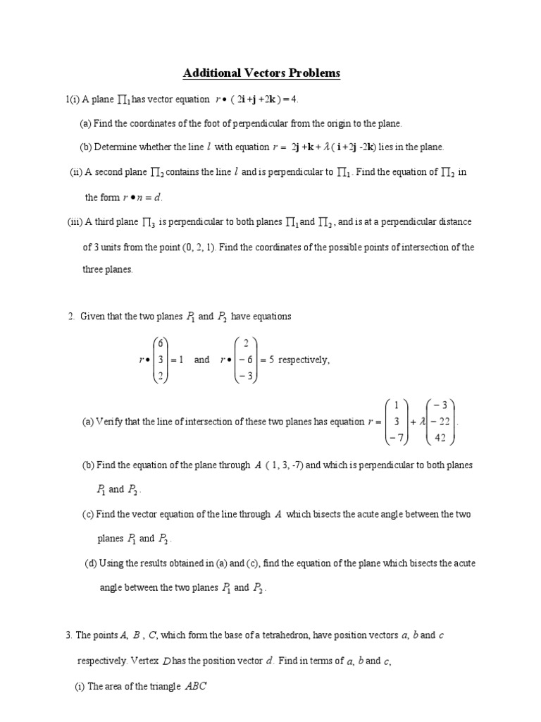 Additional Vectors Problems | PDF | Plane (Geometry) | Perpendicular