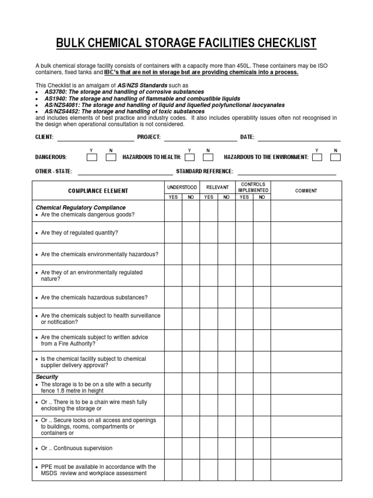 Bulk Chemical Facilities Checklist | PDF | Dangerous Goods | Pump