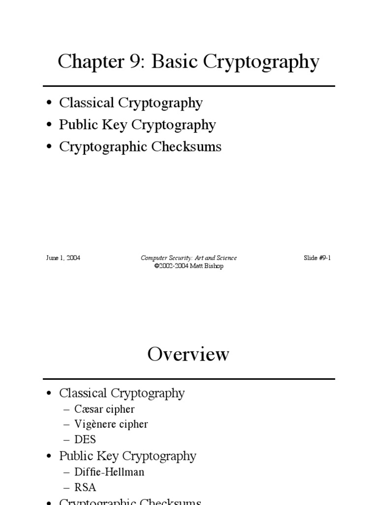 Chapter 9: Basic Cryptography: - Classical Cryptography - Public Key Cryptography ...