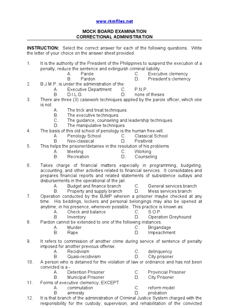 Mock Board Examination Correctional Administration INSTRUCTION: Select ...