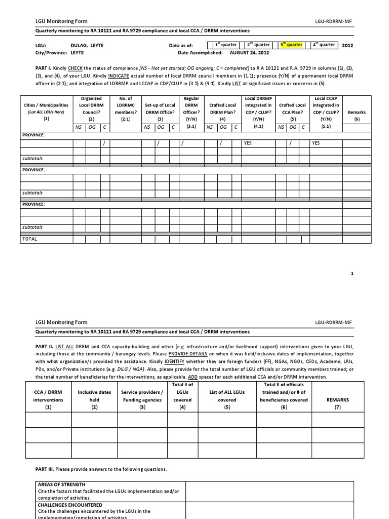 DRRM - LGU Monitoring Form (Prov & Cities) | Capacity Building | Politics