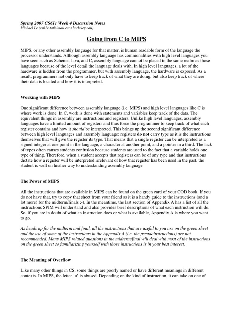 Going From C To Mips Spring 2007 Cs61c Week 4 Discussion Notes Pdf Assembly Language Mips