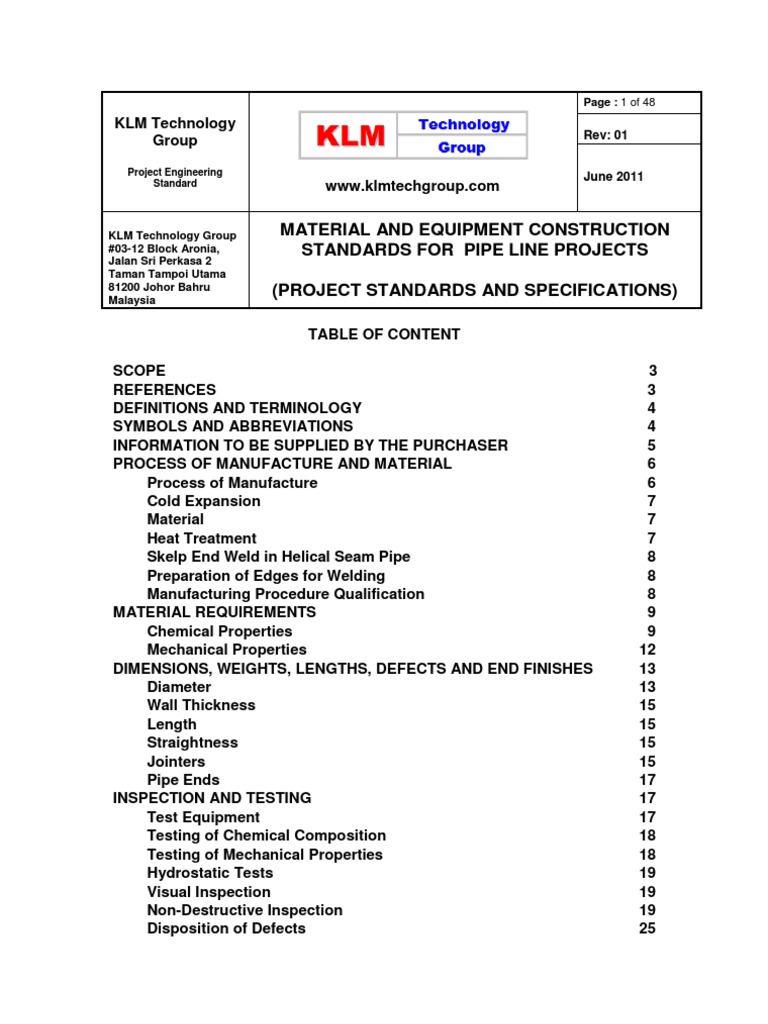 Project Standards and Specifications Pipeline Construction Rev01 | PDF