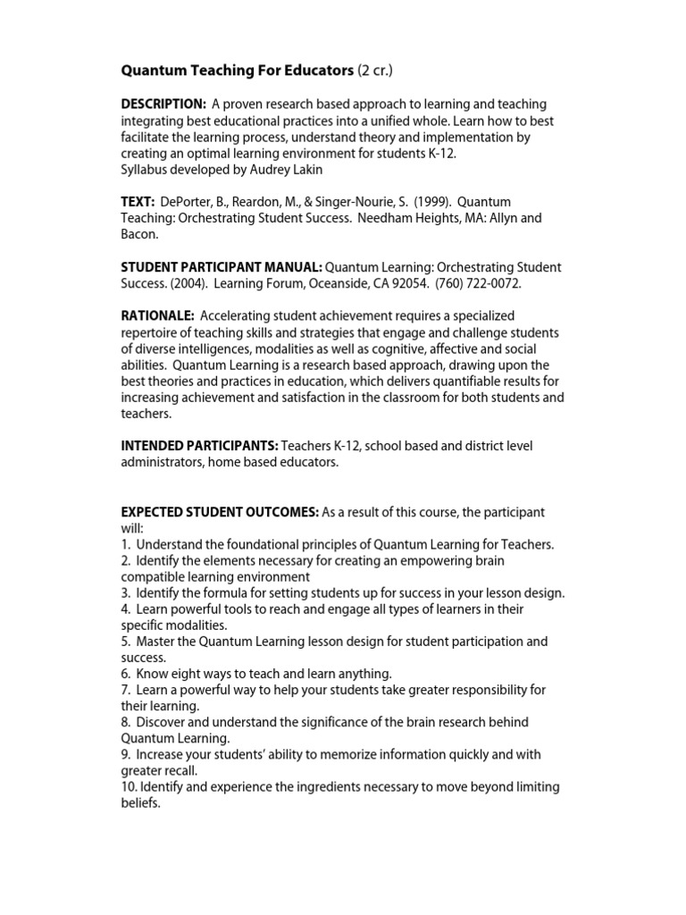 Quantum Teaching For Educators (2 CR.) | PDF | Learning | Teachers