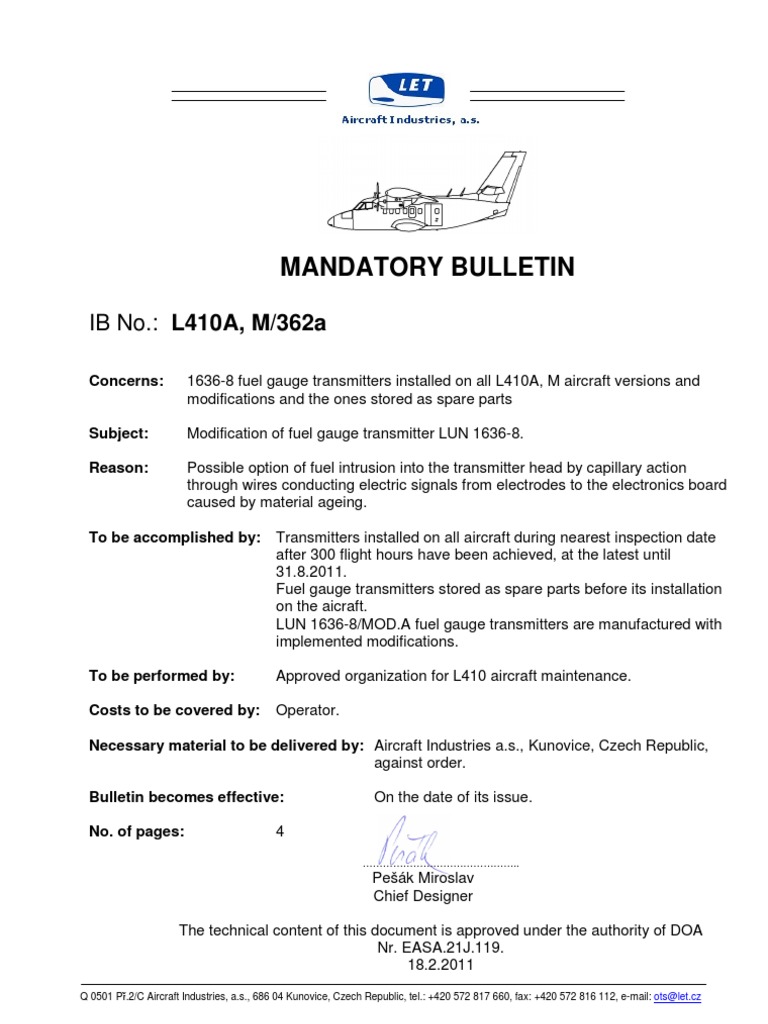 Mandatory Bulletin: IB No.: L410A, M/362a | PDF | Transmitter | Aviation