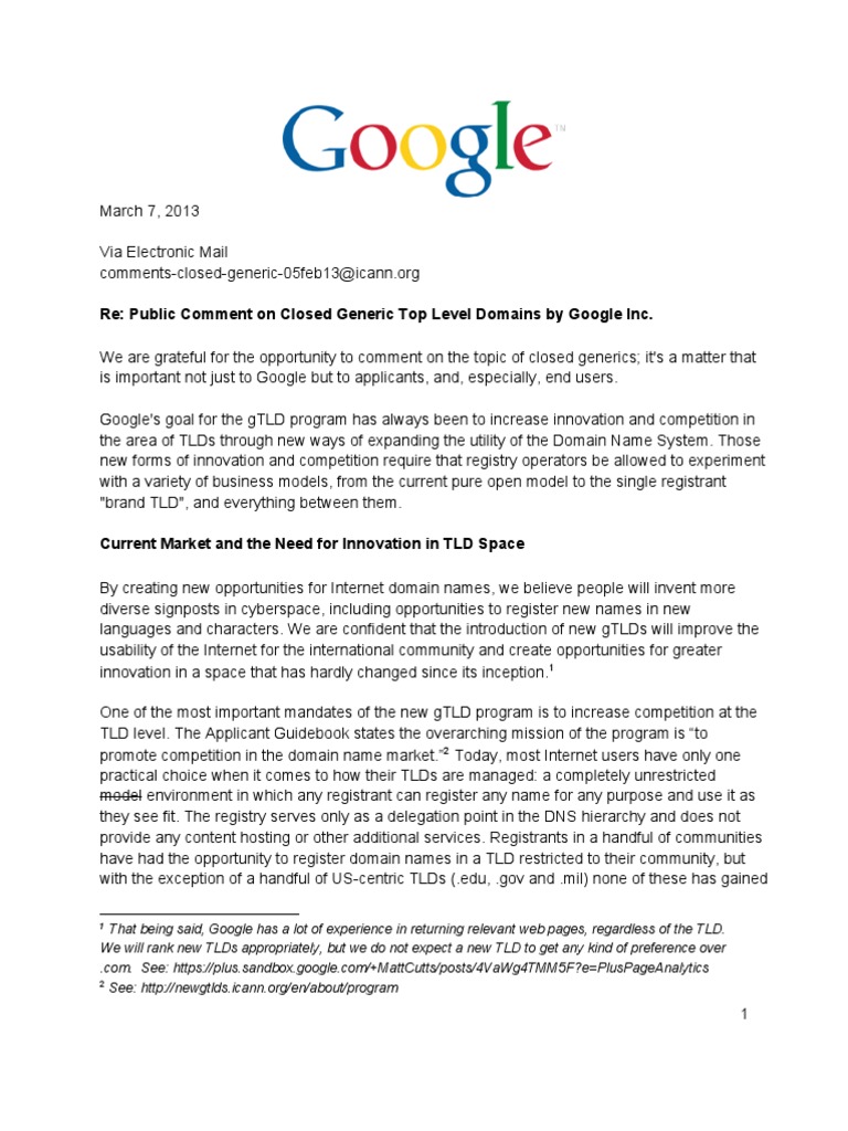 Google's Letter To ICANN | PDF | Domain Name | Domain Name Registrar