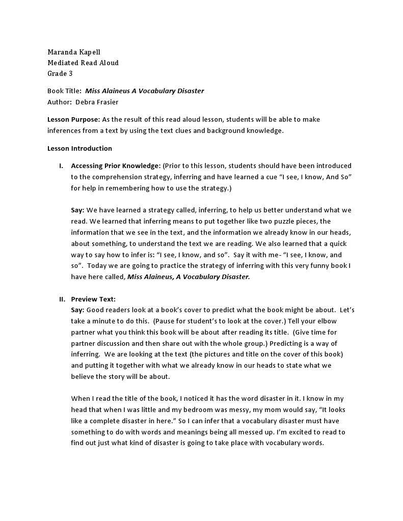 Grade 3 Read Aloud: Inferring with Miss Alaineus | PDF