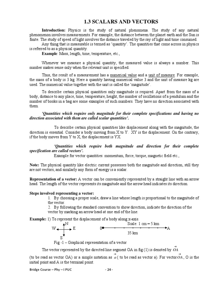 1.3 Scalars and Vectors: Bridge Course - Phy - I PUC 24 | PDF | Euclidean Vector | Quantity