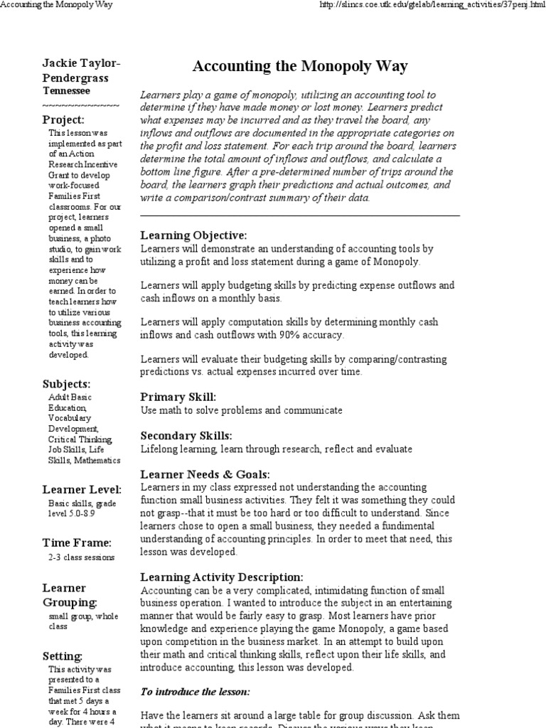 Monopoly-Based Accounting Lesson | PDF | Profit (Accounting) | Expense