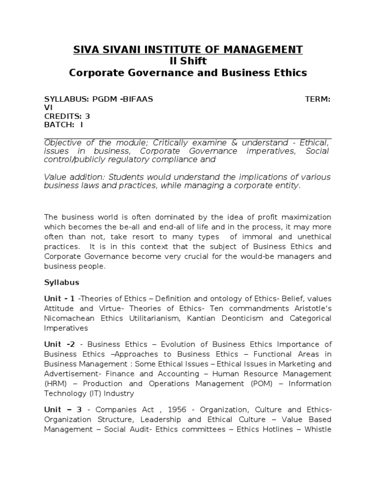 Corporate Governance and Business Ethics | PDF | Business Ethics ...