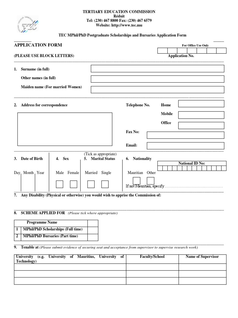 TEC Application Form | PDF | Doctor Of Philosophy | Qualifications
