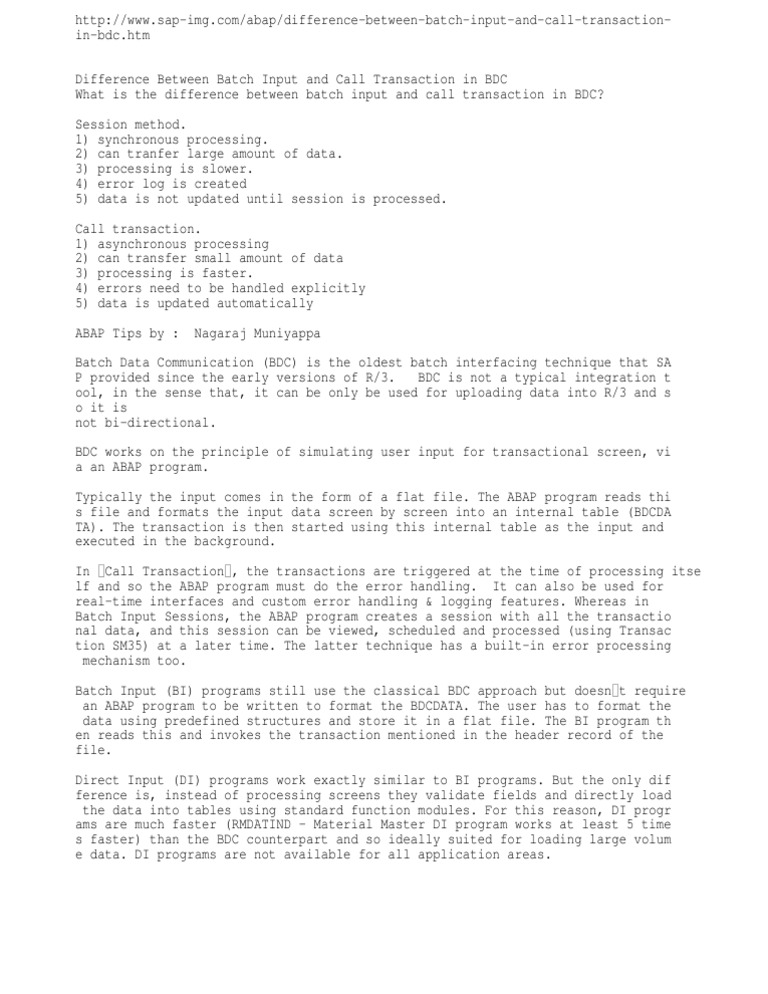 Difference Between Batch Input and Session Call Transaction | PDF ...