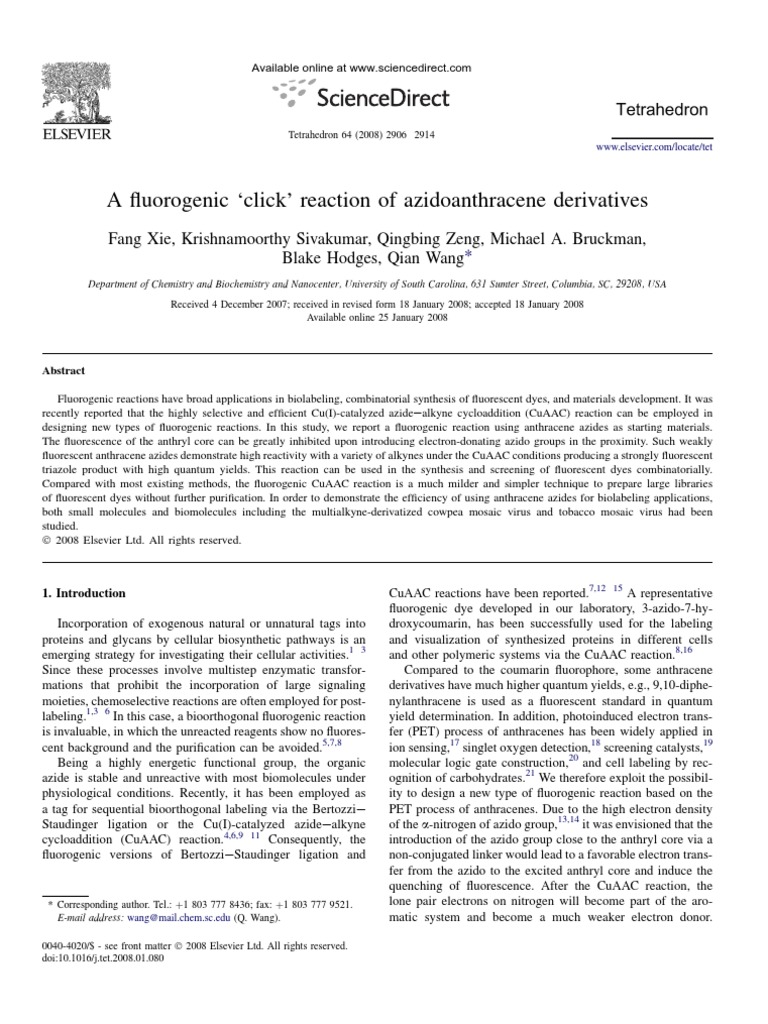 A Fluorogenic Click' Reaction of Azidoanthracene Derivatives | PDF ...