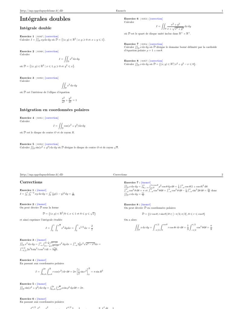 Exercices d'intégrales doubles et corrections | PDF