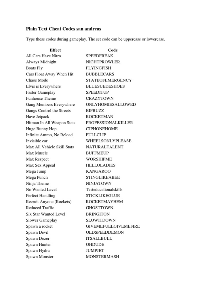 Plain Text Cheat Codes San Andreas: Effect Code | PDF