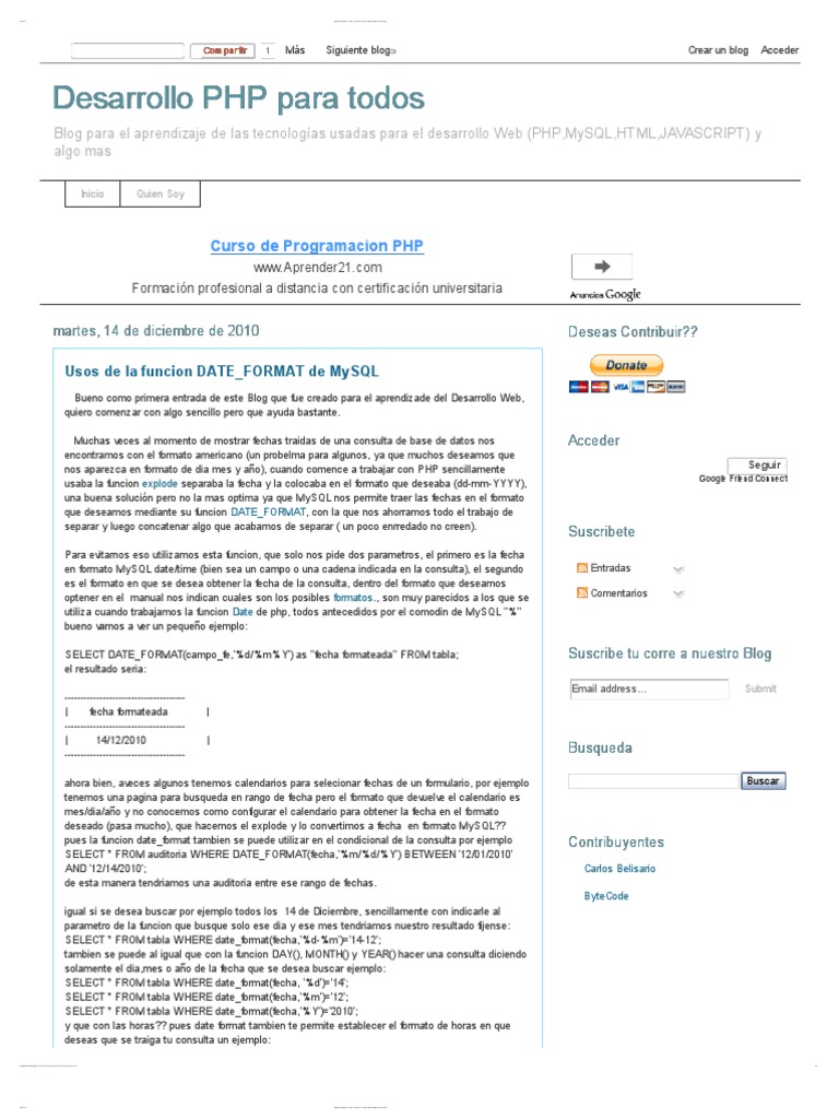 Usos de La Funcion DATE - FORMAT de MySQL | PDF | Php | Mi sql