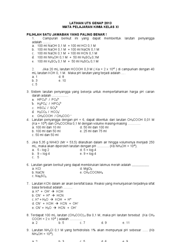 Latihan UTS Kimia Kelas XI 2013 | PDF | Metode & Bahan Ajar