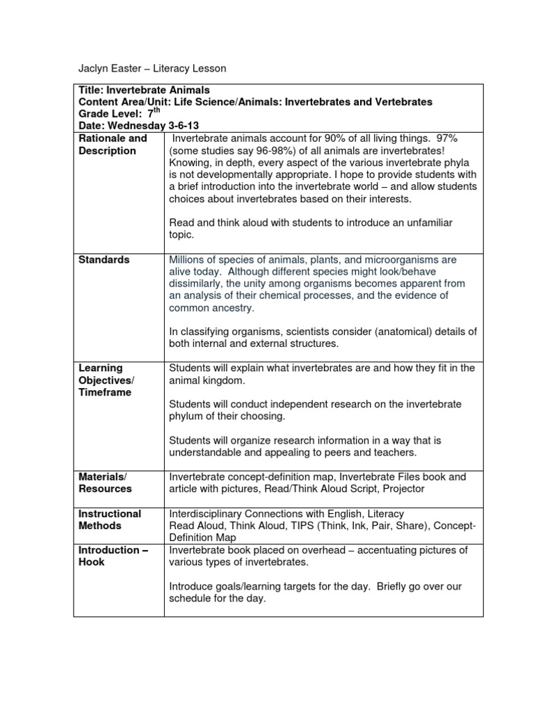 Invertebrate Animals Literacy Lesson | PDF | Invertebrate | Reading ...
