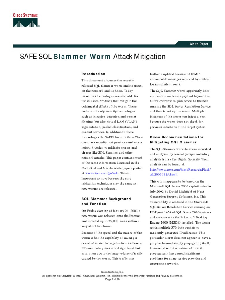 Slammer Worm: Safe SQL Attack Mitigation | PDF | Computer Network ...