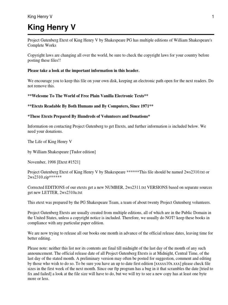 Shakespeare's King Henry V Etext | PDF | E Text | Damages