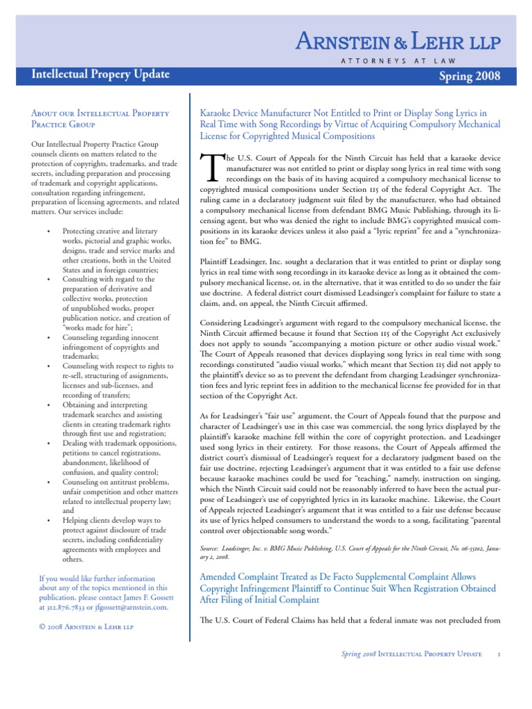 Intellectual Propery Update: Spring 2008 | PDF | Trademark | Lawsuit