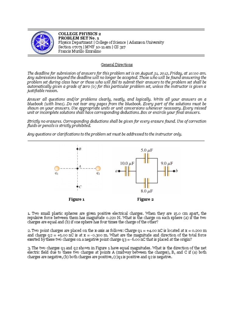 College Physics 2 Problem Set No 1 (07071) | PDF | Technology & Engineering