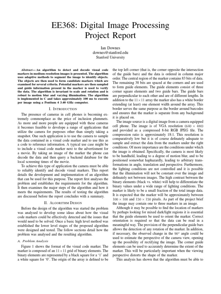 EE368: Digital Image Processing Project Report: Ian Downes Downes@stanford - Edu | PDF ...
