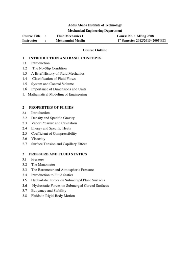 Fluid Mechanics Course Outline | PDF | Fluid Dynamics | Momentum