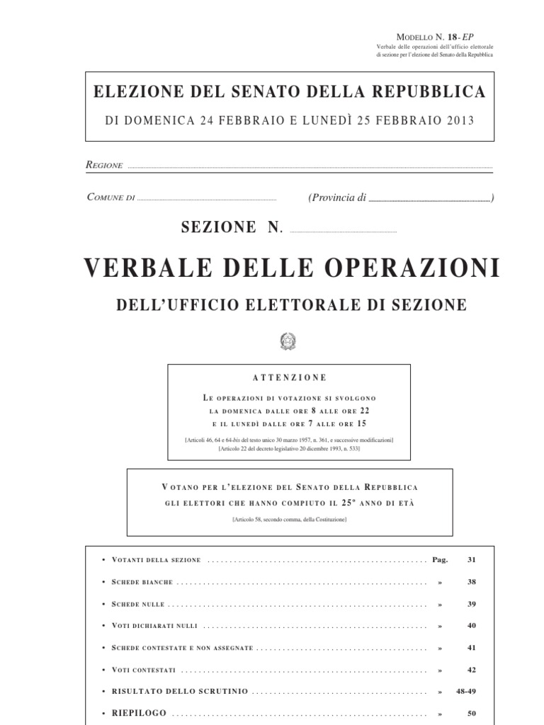 Verbale Seggi - Senato Della Repubblica Verbale Seggi - Senato Della Repubblica