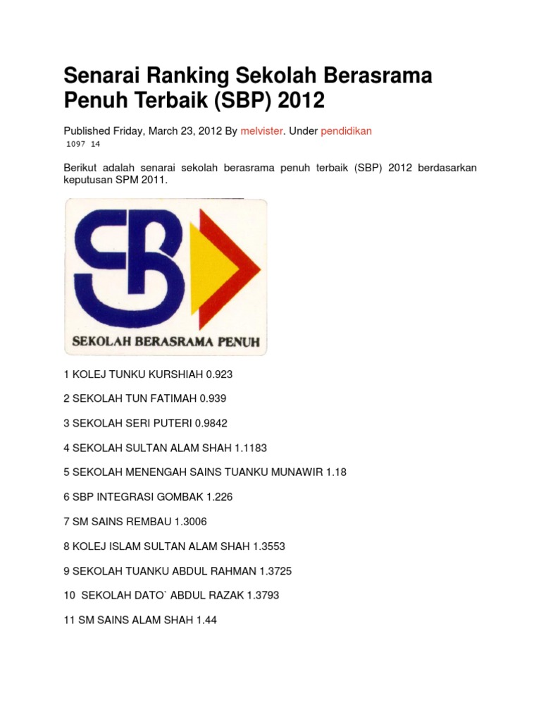 Senarai Ranking Sekolah Berasrama Penuh Terbaik | PDF