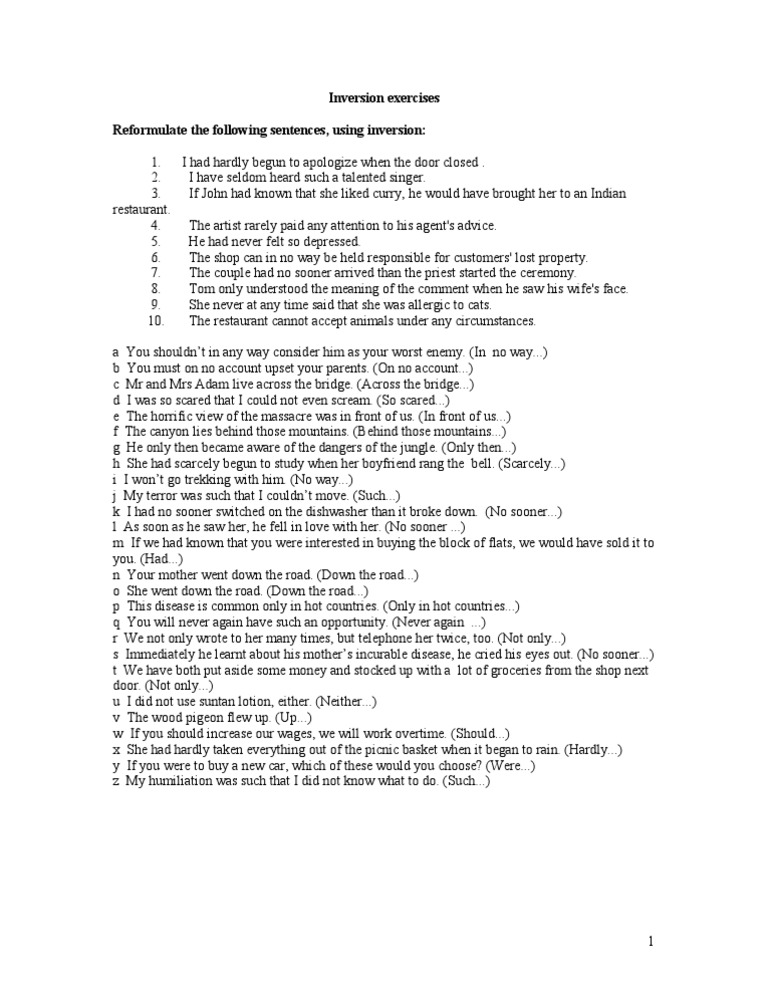 Inversion Exercises: Concise Titles for Sentences Requiring Inversion | PDF | Violence