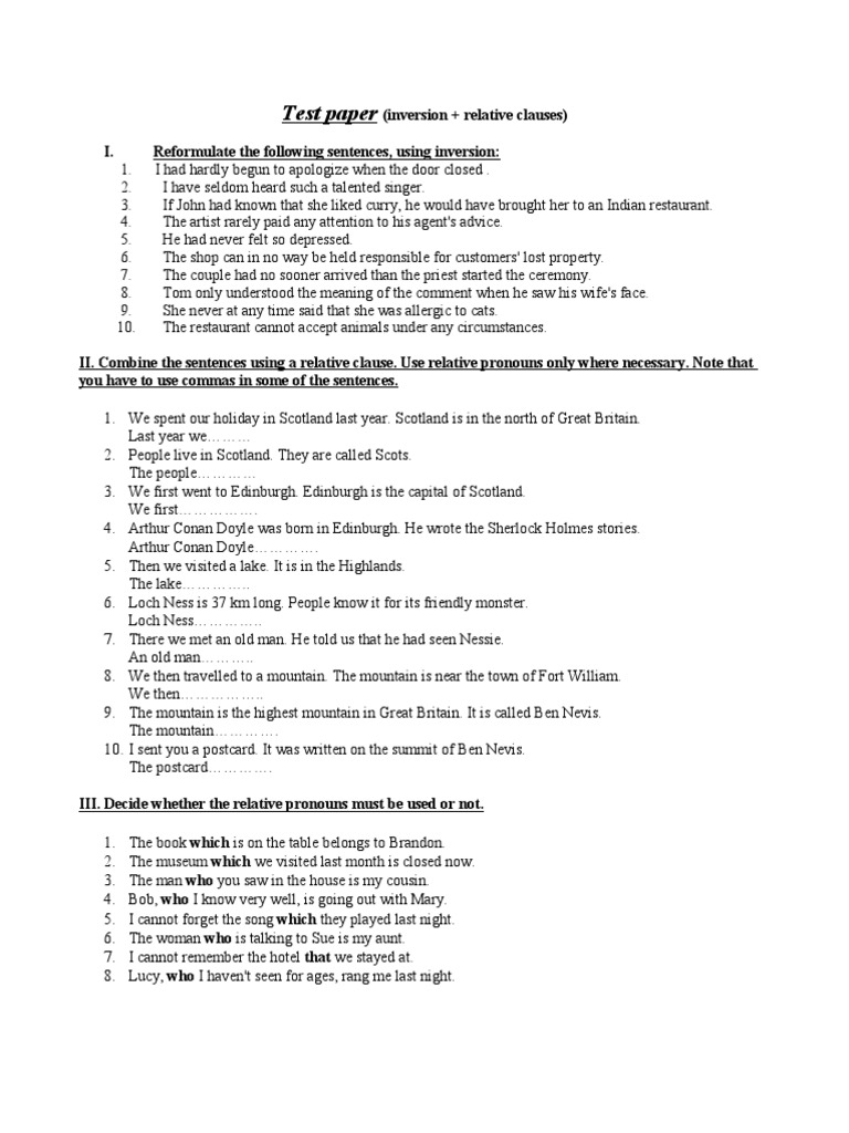Test Inversion + Relative Clauses | PDF | Scotland | Loch Ness Monster