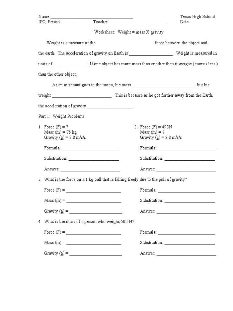 Worksheet - Force Mass X Gravity | PDF