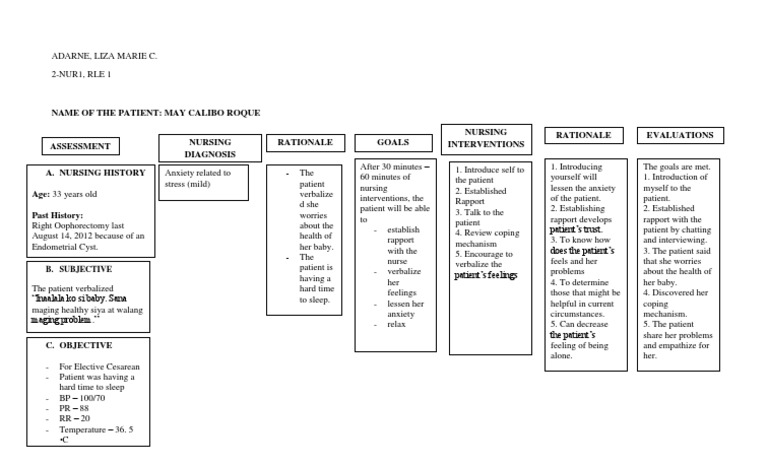 Name of The Patient: May Calibo Roque Nursing Interventions Rationale Evaluations | PDF | Self ...
