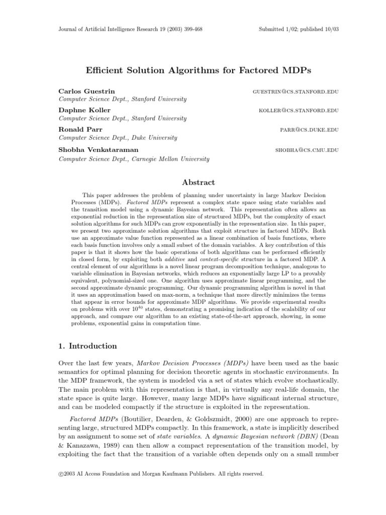 Efficient Solution Algorithms For Factored Mdps | PDF | Linear Programming | Dynamic Programming