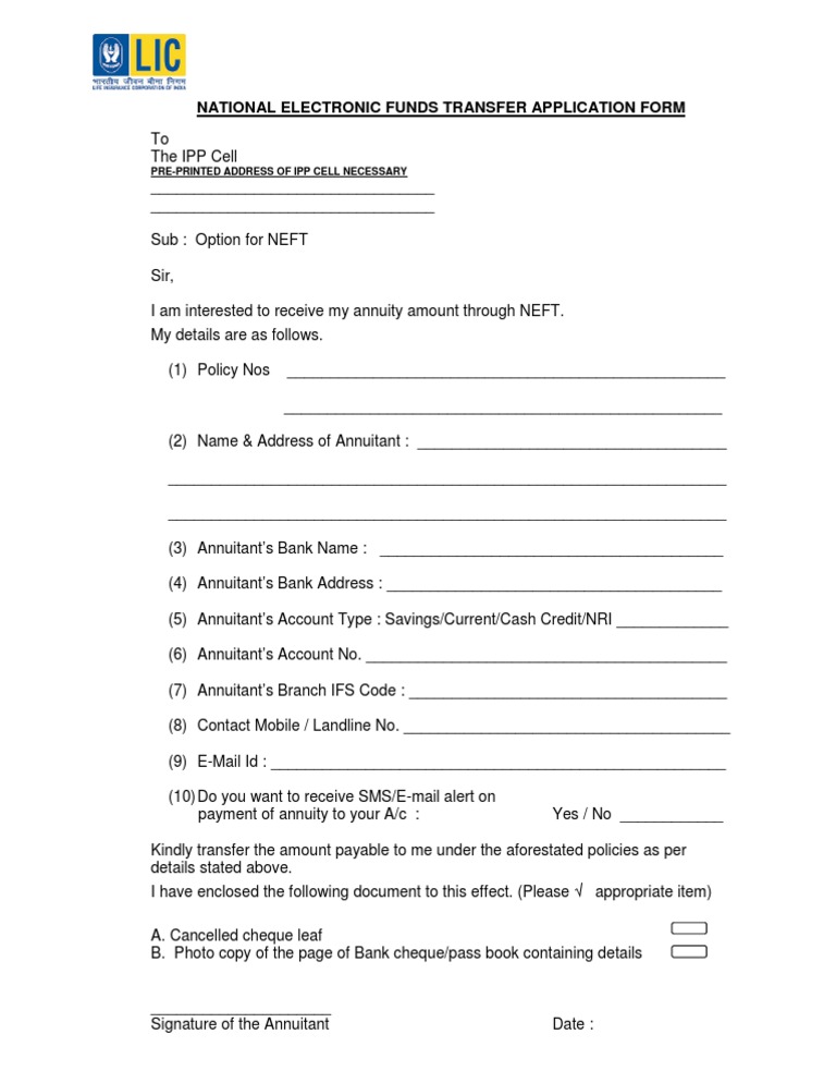 NEFT Mandate Form IPP | PDF