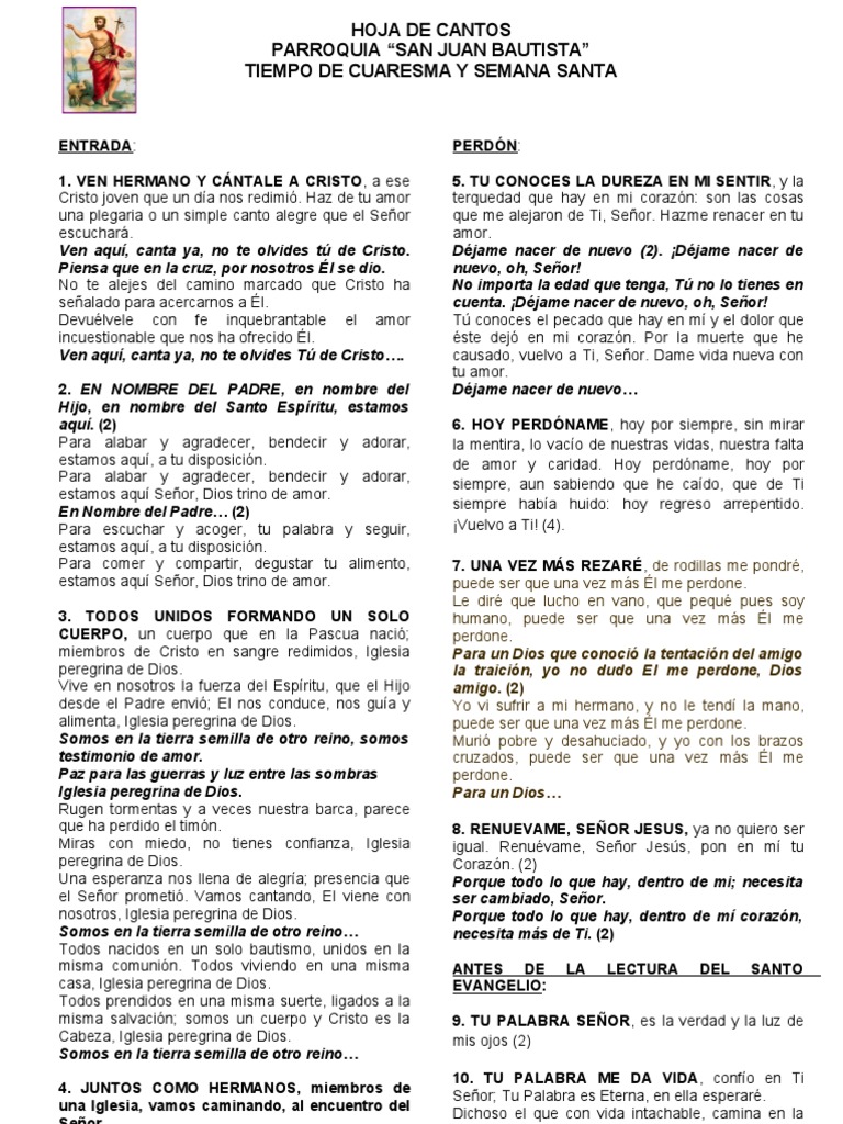 Hoja de cantos para la Cuaresma y Semana Santa en la parroquia San Juan Bautista | PDF | María ...