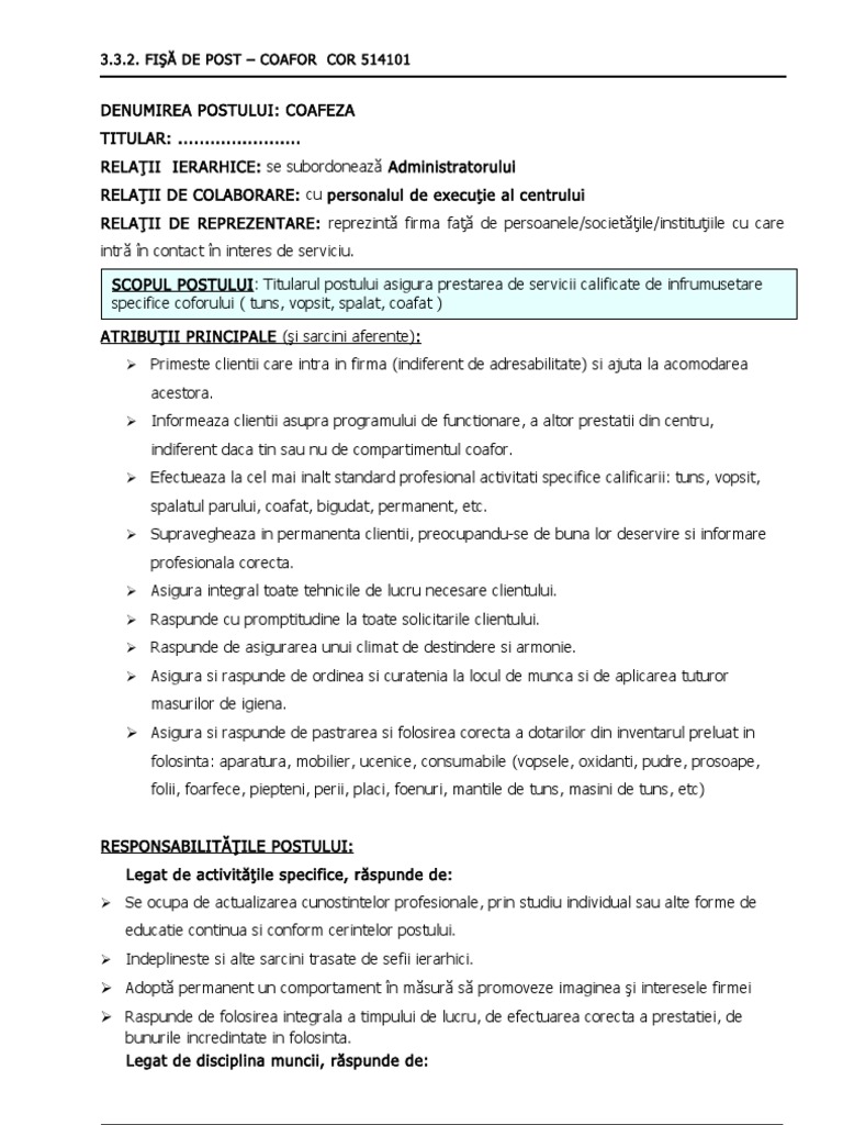 Fisa de Post Coafor | PDF