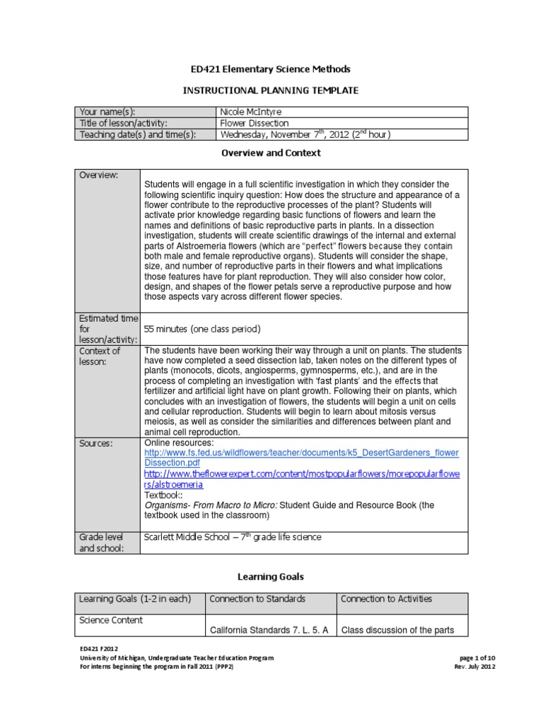 Flower Dissection Lesson Plan | PDF | Flowers | Reproduction